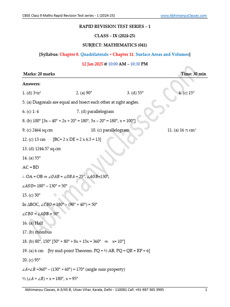 Answer Class 9 Maths Rapid Revision Test Series 1 2024 25 en | PDF