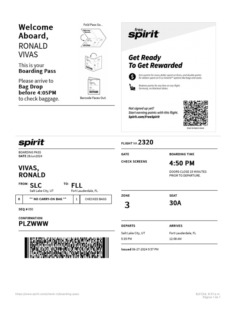 Check in - Boarding Pass - Spirit Airlines | PDF