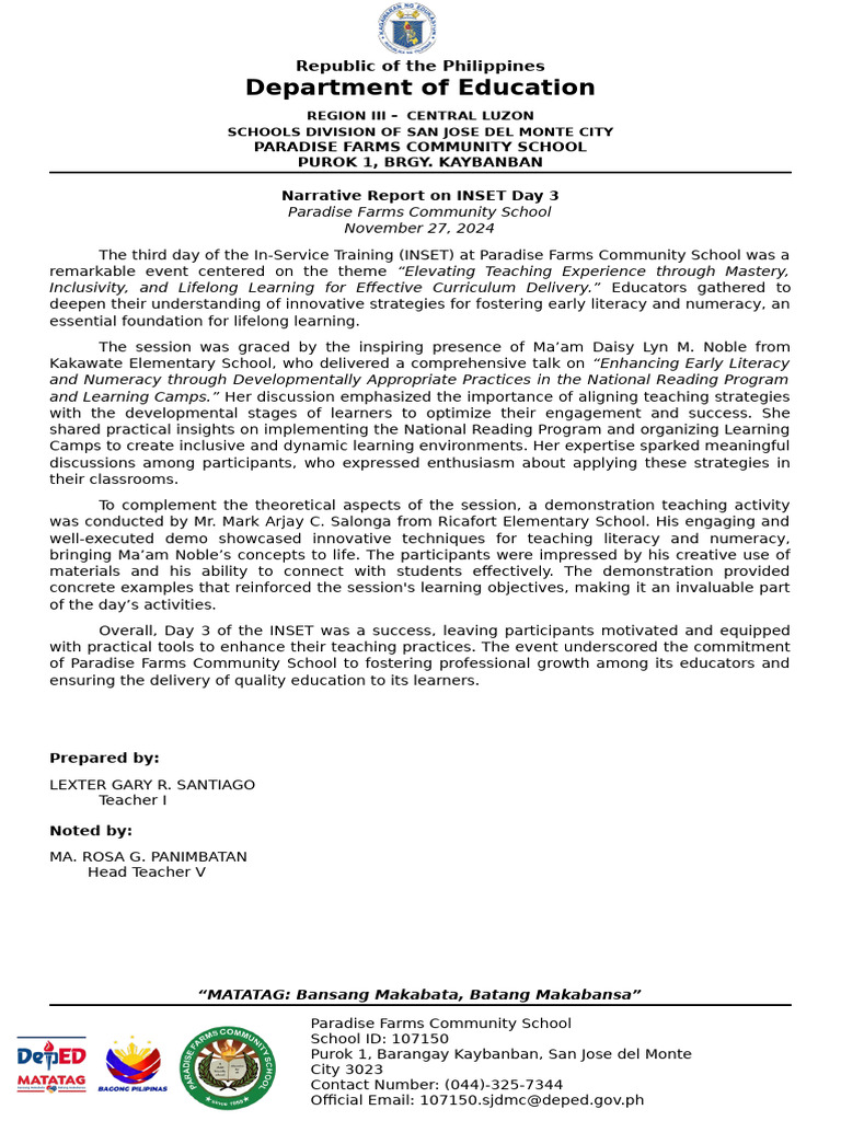 Narrative Report On INSET Day 3 | PDF | Learning | Literacy