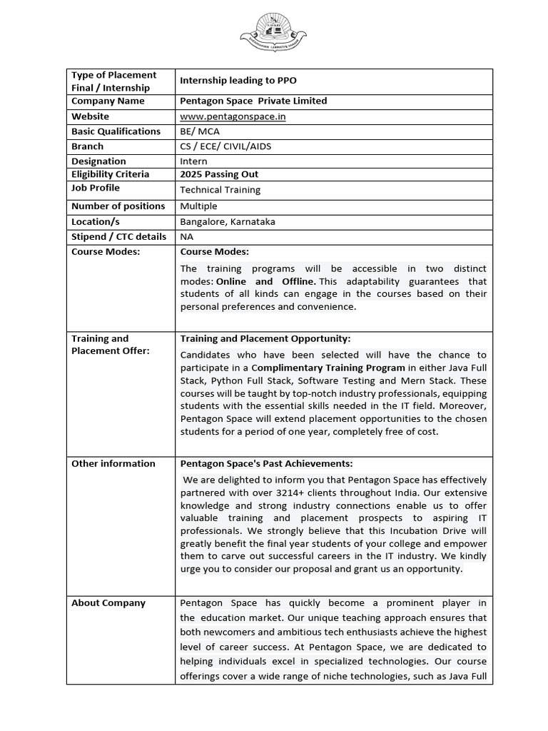 Pentagon Space PVT LTD-JD | PDF | Learning