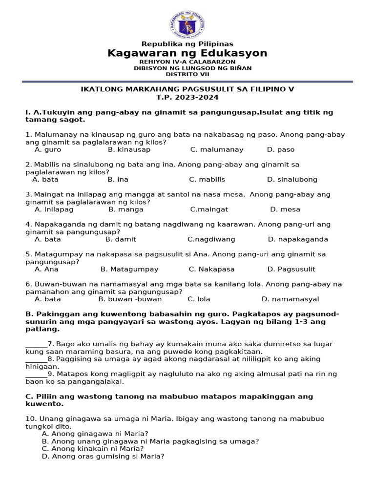 Filipino 5 Ikatlong Markahan Pagsusulit | PDF