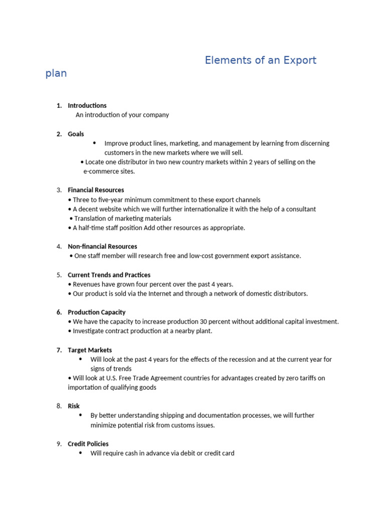Sample Eleements of An Export Plan | PDF | Exports | Credit Card