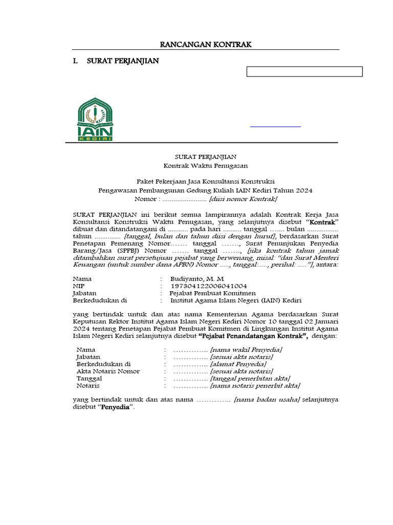 Rancangan Pengawasan Pembangunan Gedung Kuliah IAIN Kediri Tahun 2024 | PDF