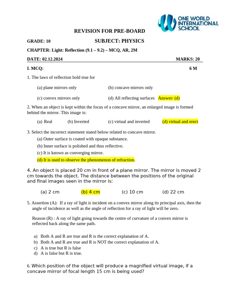 Chapter - 1 Light Reflection 9.1 To 9.2 (MCQ, AR, 2M) | PDF | Mirror ...