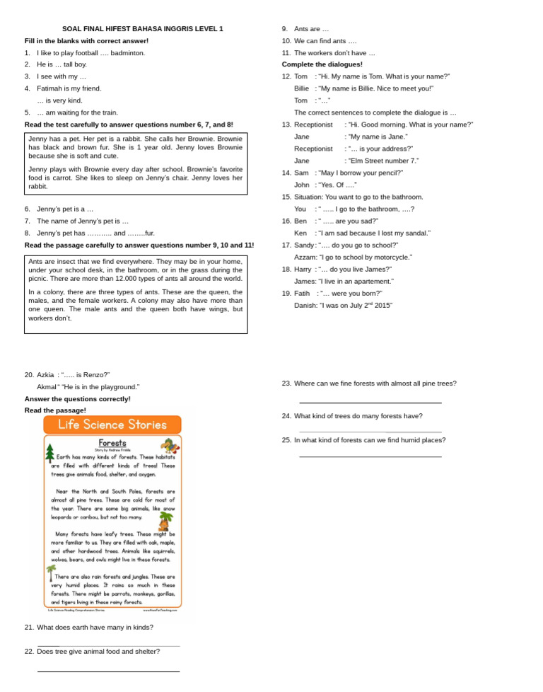 Soal Final Hifest Bahasa Inggris Level 1 | PDF | Zoology | Biology