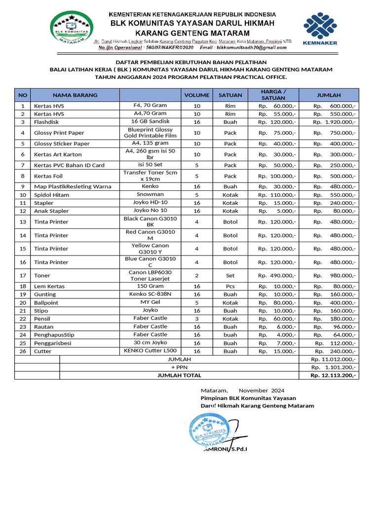 Rencana Pembelian Bahan Pelatihan | PDF