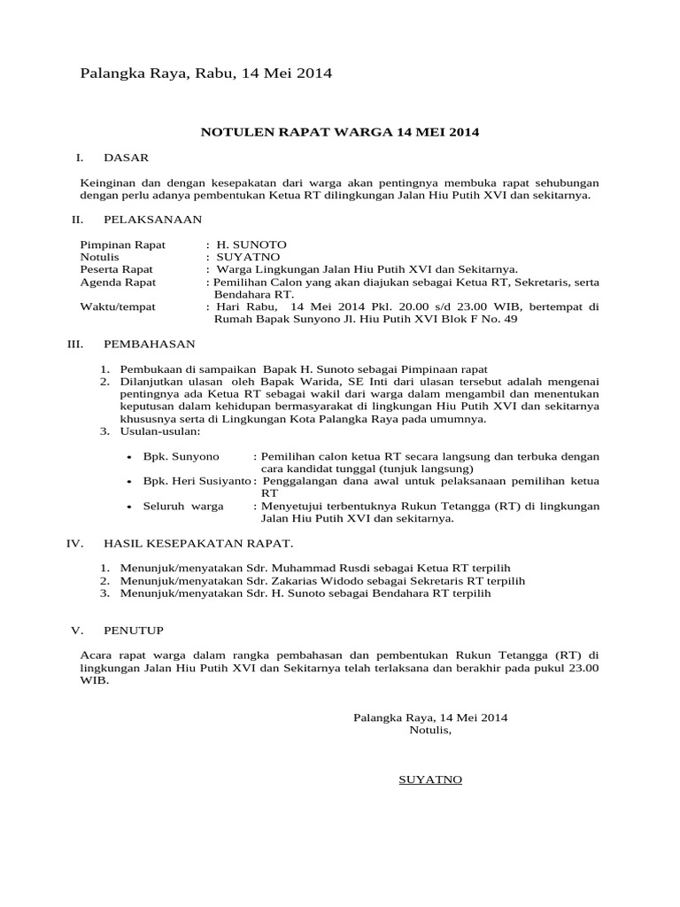 Notulen Rapat Pemilihan Ketua RT Hiu Putih XVI | PDF