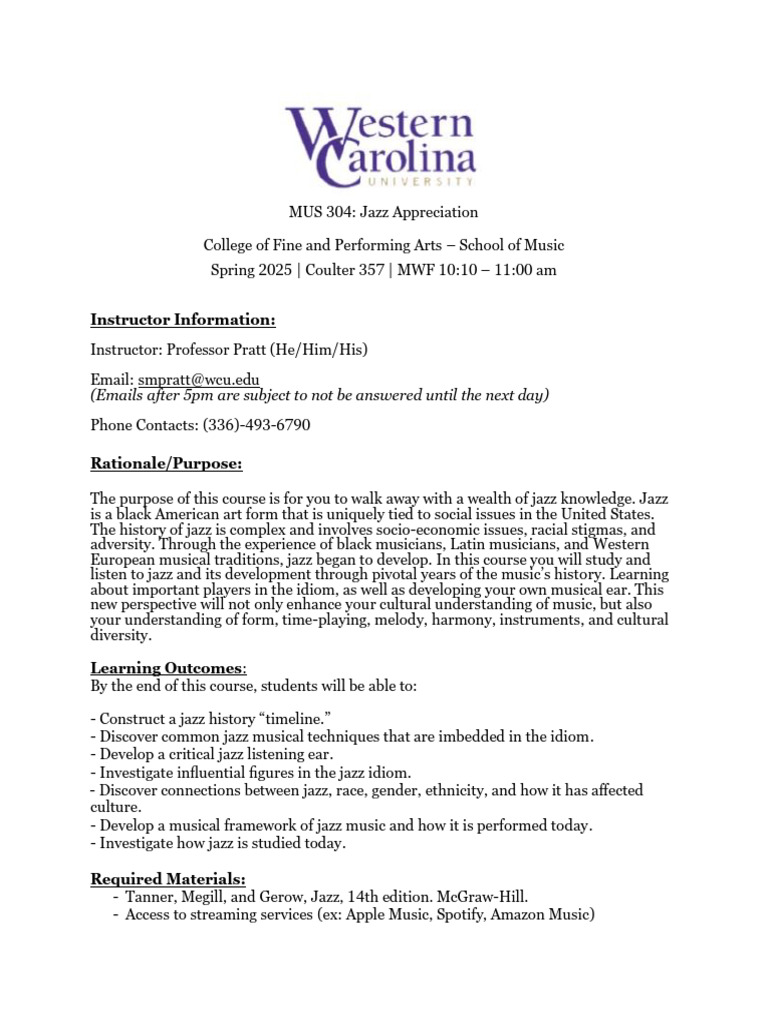 Jazz Appreciation Syllabus (Spring 2025) | PDF | Jazz | Music Of The ...