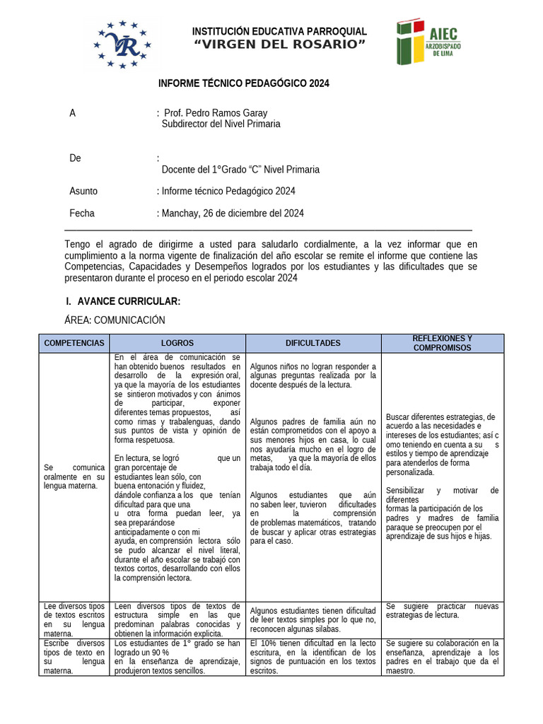 Informe Técnico Pedagógico 2024 | PDF | Comprensión lectora | Naturaleza