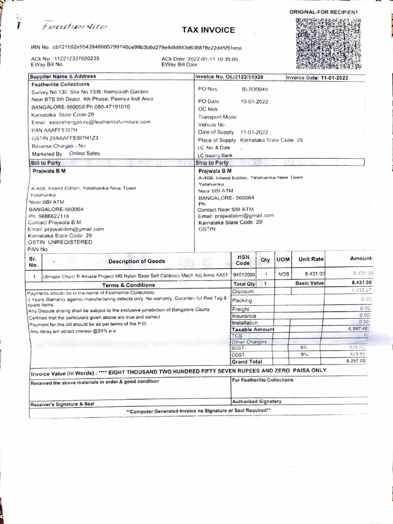 Chair Invoice | PDF | Taxation | Government Finances