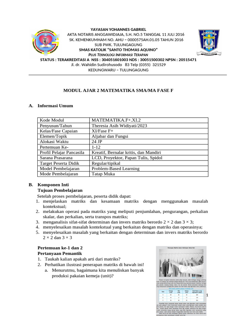 Modul Ajar Matematika: Matriks SMA XI | PDF
