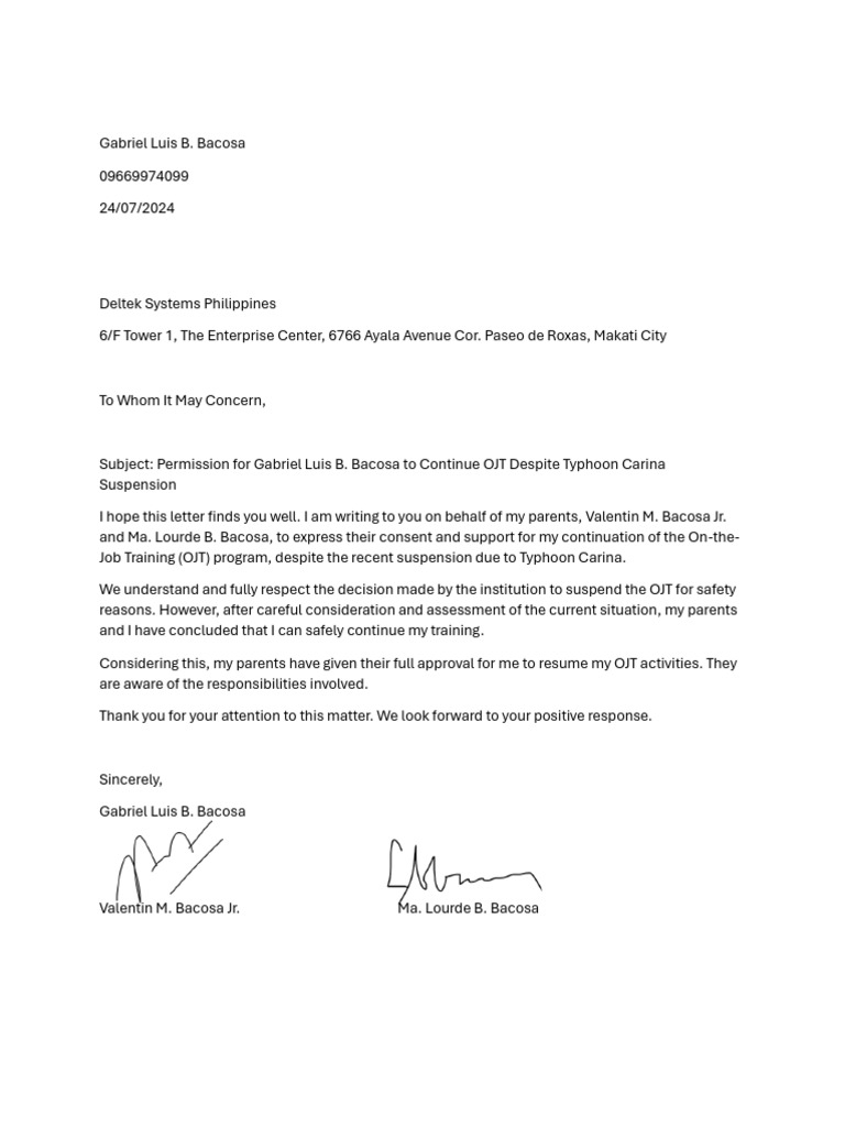 Letter for OJT Continuation | PDF