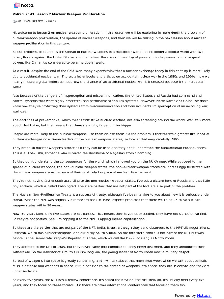 PoliSci 2141 Lesson 2 Nuclear Weapon Proliferation | PDF | Treaty On ...