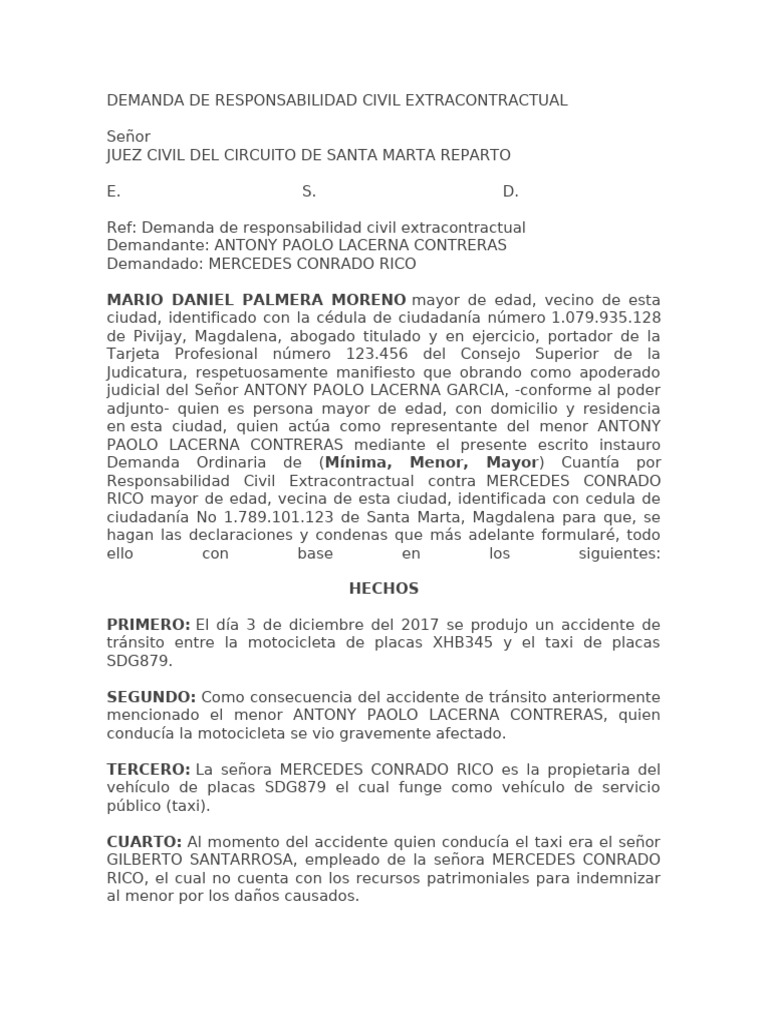 Demanda de Responsabilidad Civil Extracontractual | PDF