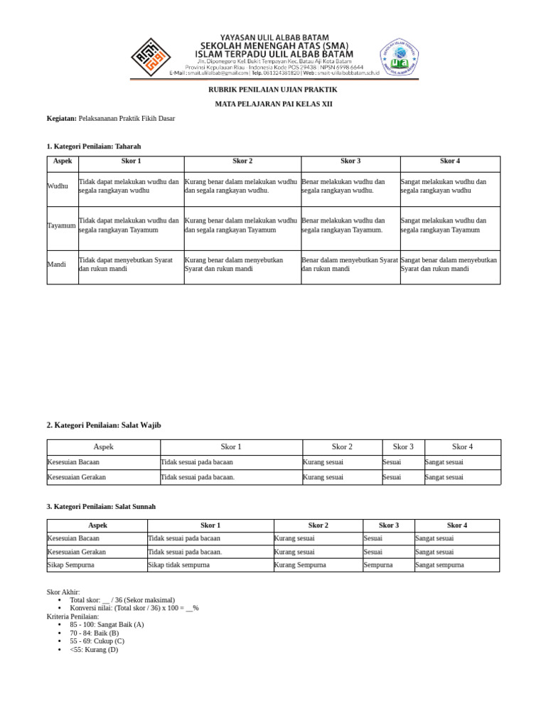 Rubrik Penilaian Ujian Praktik Pai Xii | PDF