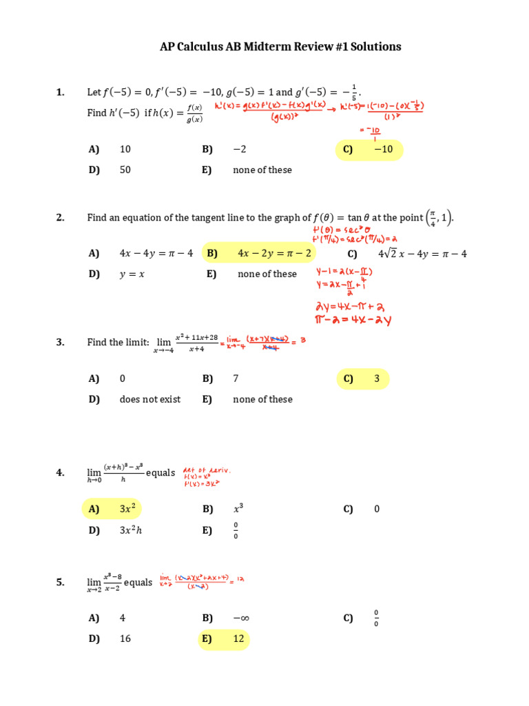 AP Calculus AB Midterm Review Solutions | PDF | Function (Mathematics ...