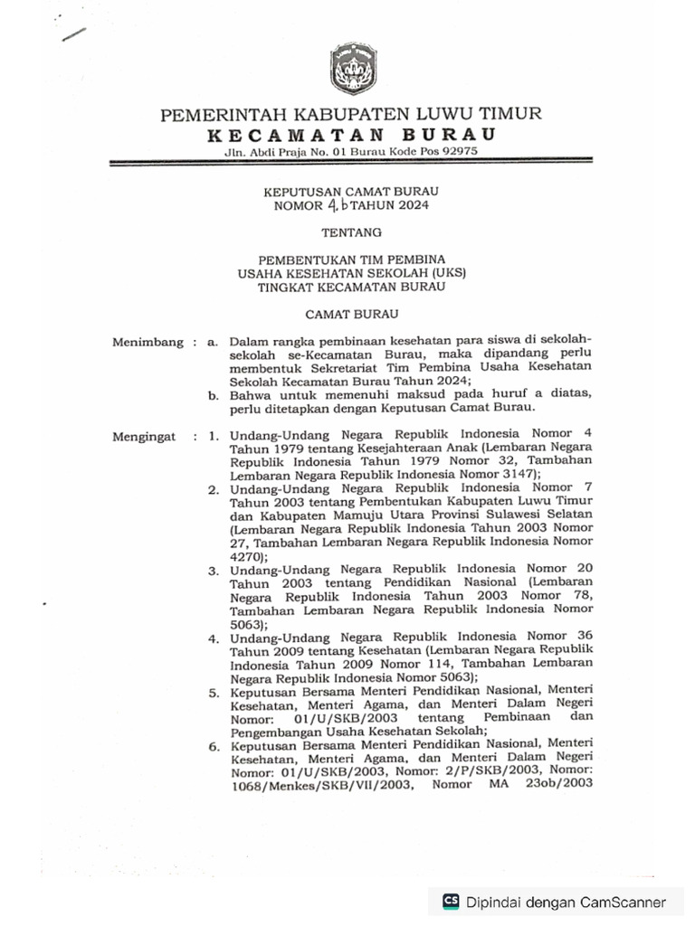 SK Camat Tentang Pembentukan Tim Pembina UKS | PDF