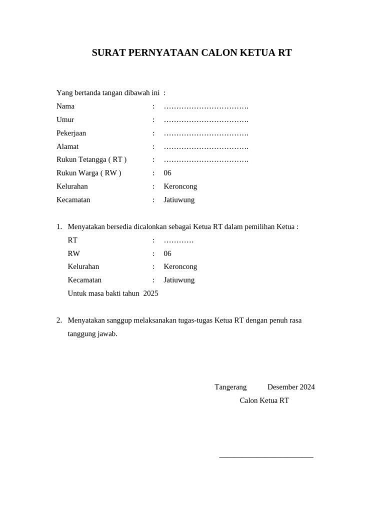 Surat Pernyataan Calon Ketua RT | PDF