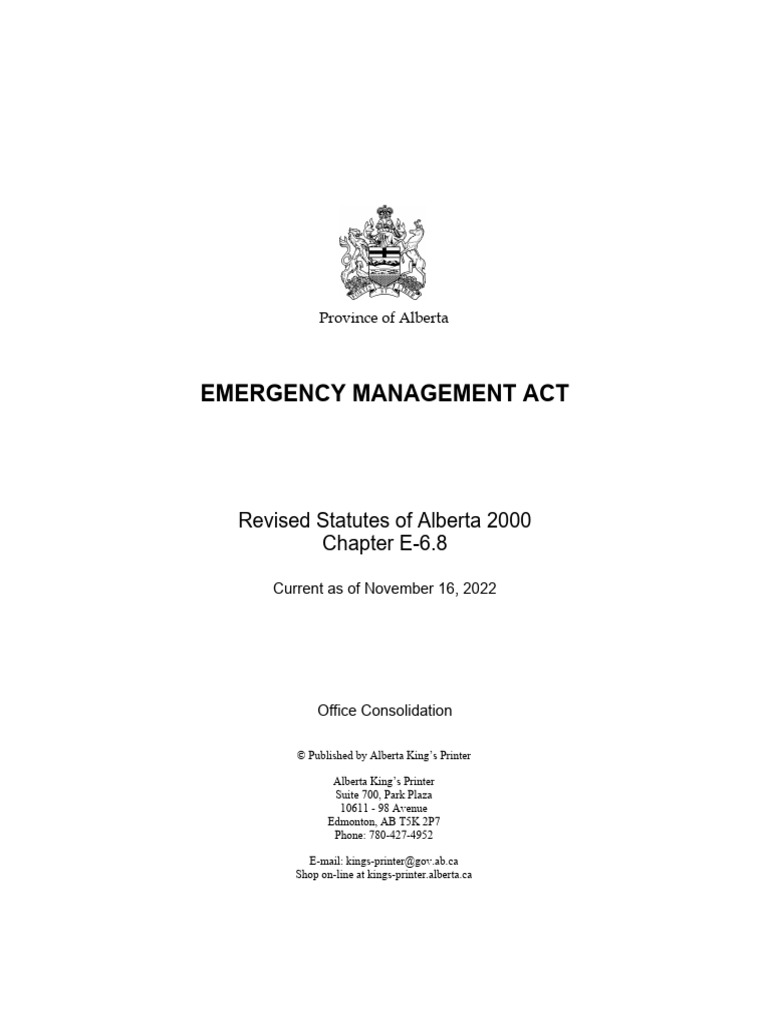 Alberta Emergency Management Act | PDF | State Of Emergency | Emergency ...