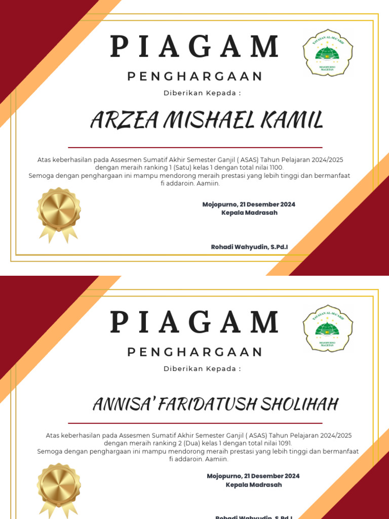 Merah Orange Modern Minimalis Piagam Penghargaan Sertifikat | PDF