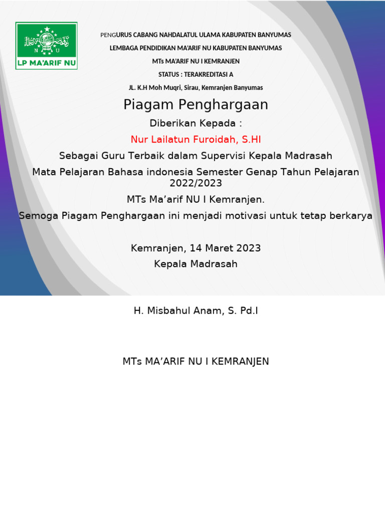 piagam penghargaan | PDF