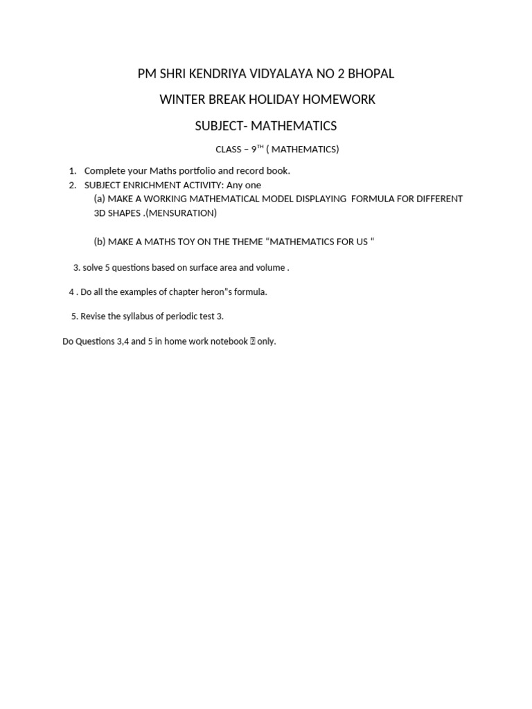 Winter Break Holiday Homework 9 TH | PDF