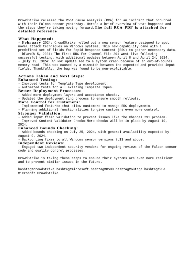 CrowdStrike Falcon Sensor RCA Update | PDF