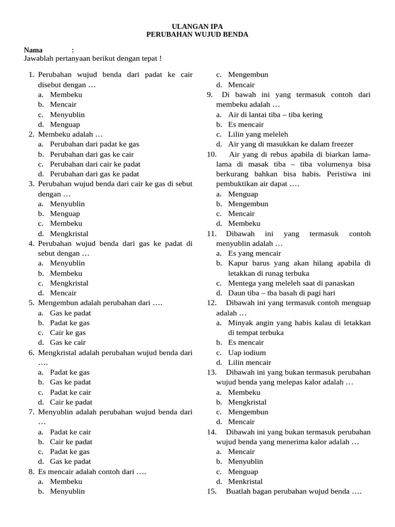 ULANGAN IPA Perubahan Wujud Benda | PDF