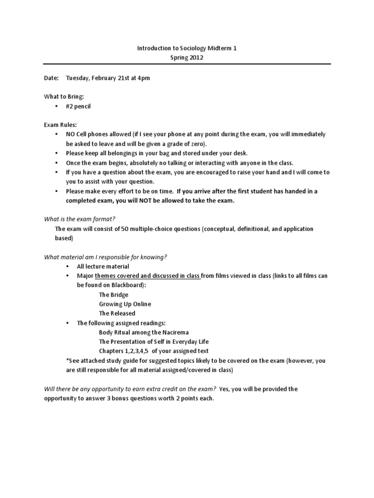 Introduction To Sociology Midterm 1.study Guide | PDF | Socialization ...