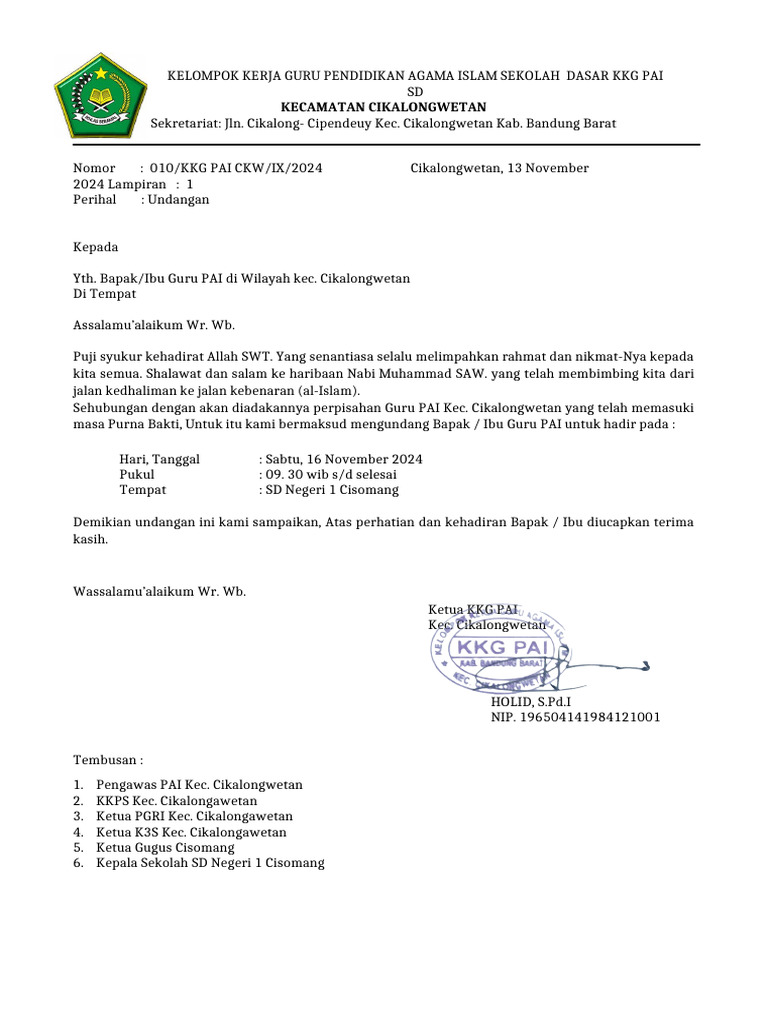 Surat Undangan KKG PAI | PDF