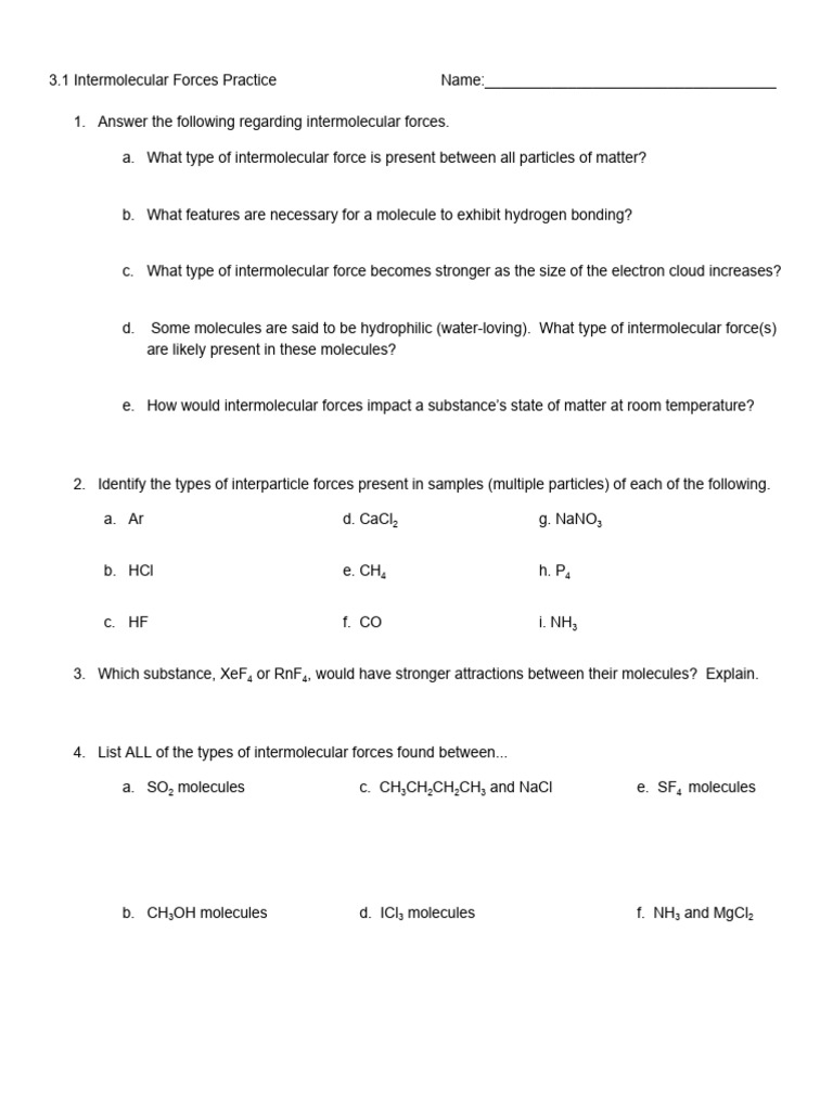 3.1 Practice - Intermolecular Forces | PDF | Chemical Polarity ...