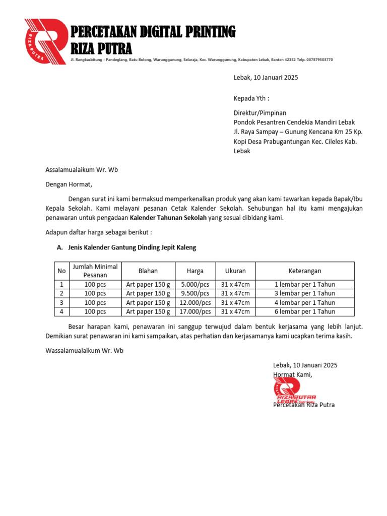 Surat Penawaran Harga Riza Putra New | PDF