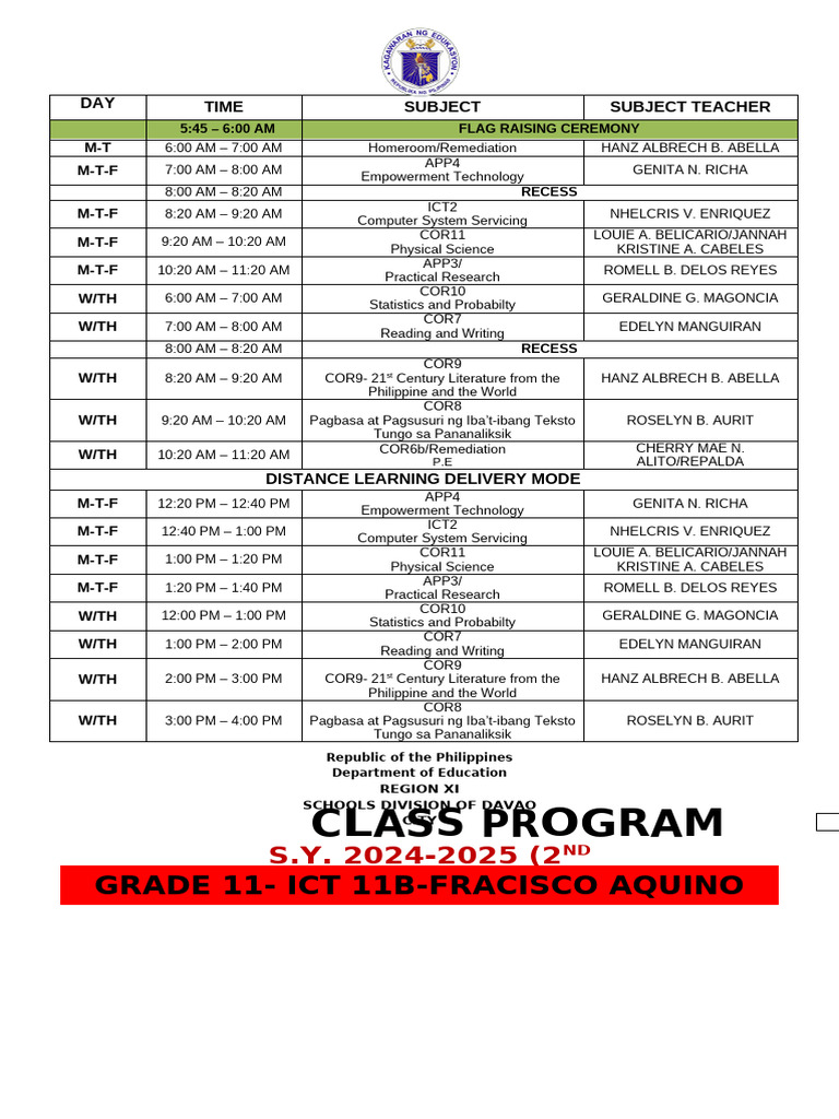 2nd-Sem Class Program 2024-2025 Template | PDF