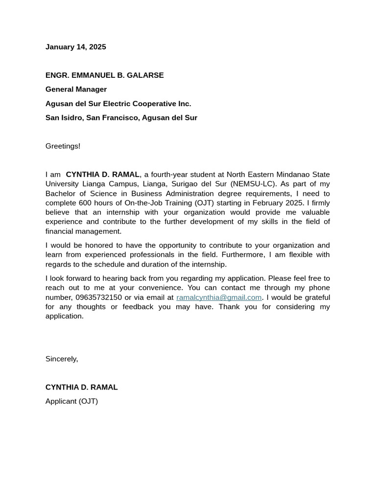 Application Letter Ramal-Aselco | PDF