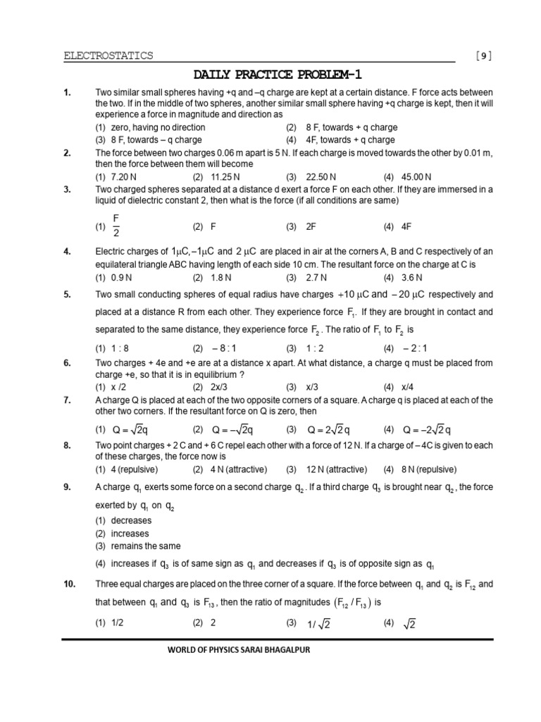 DPP 1 ELECTROSTATICS | PDF | Force | Sphere