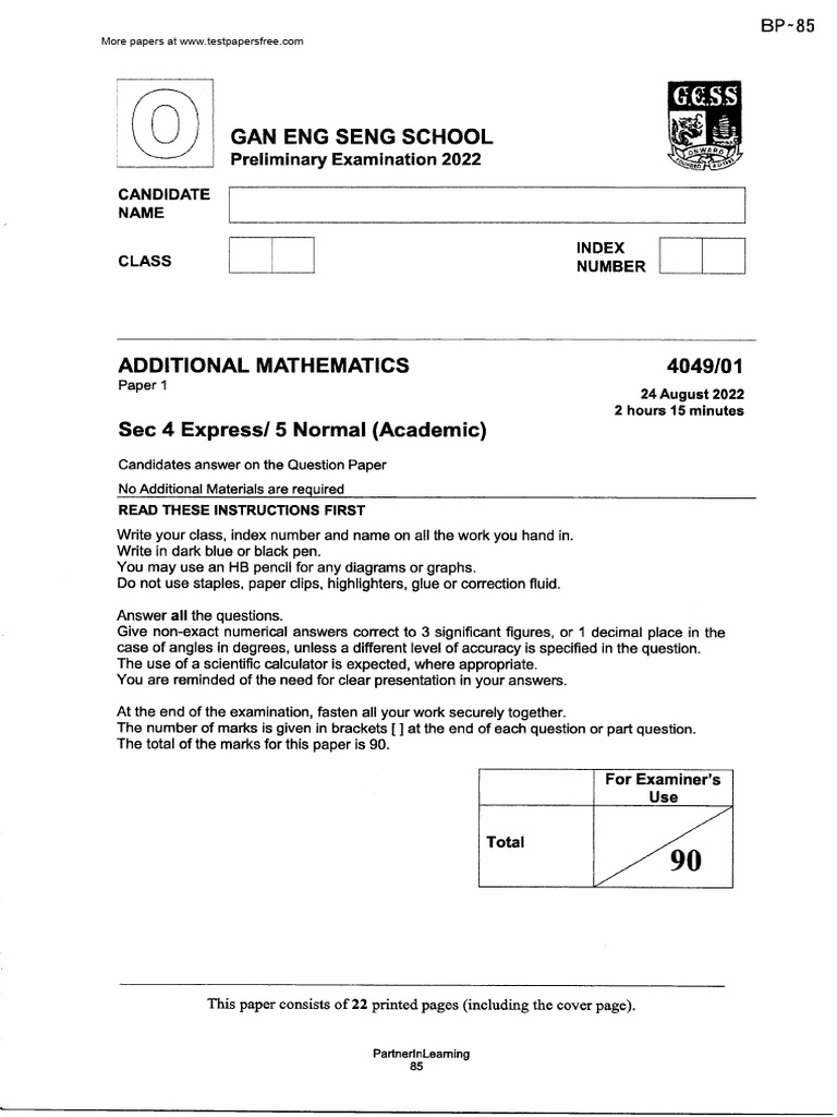 Sec4 2022 AMaths Prelims Ganeng Q | PDF