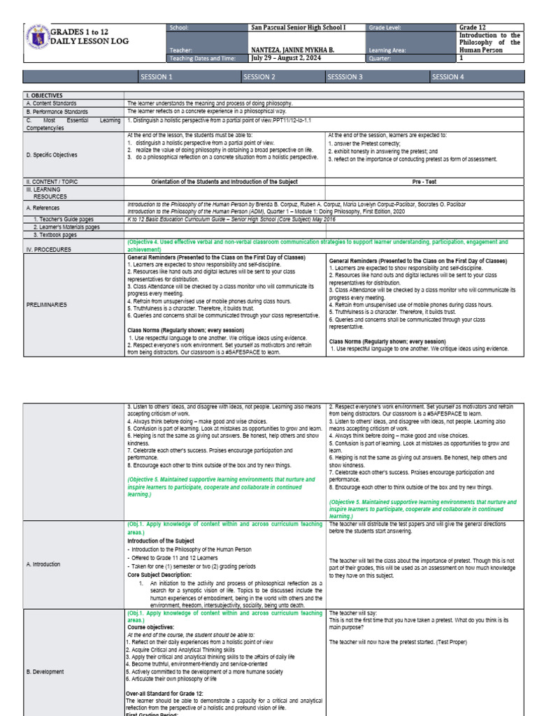 2024_NINAY_DLE-PHILO_Q1_W1-July 29-August 2 | PDF | Learning | Curriculum