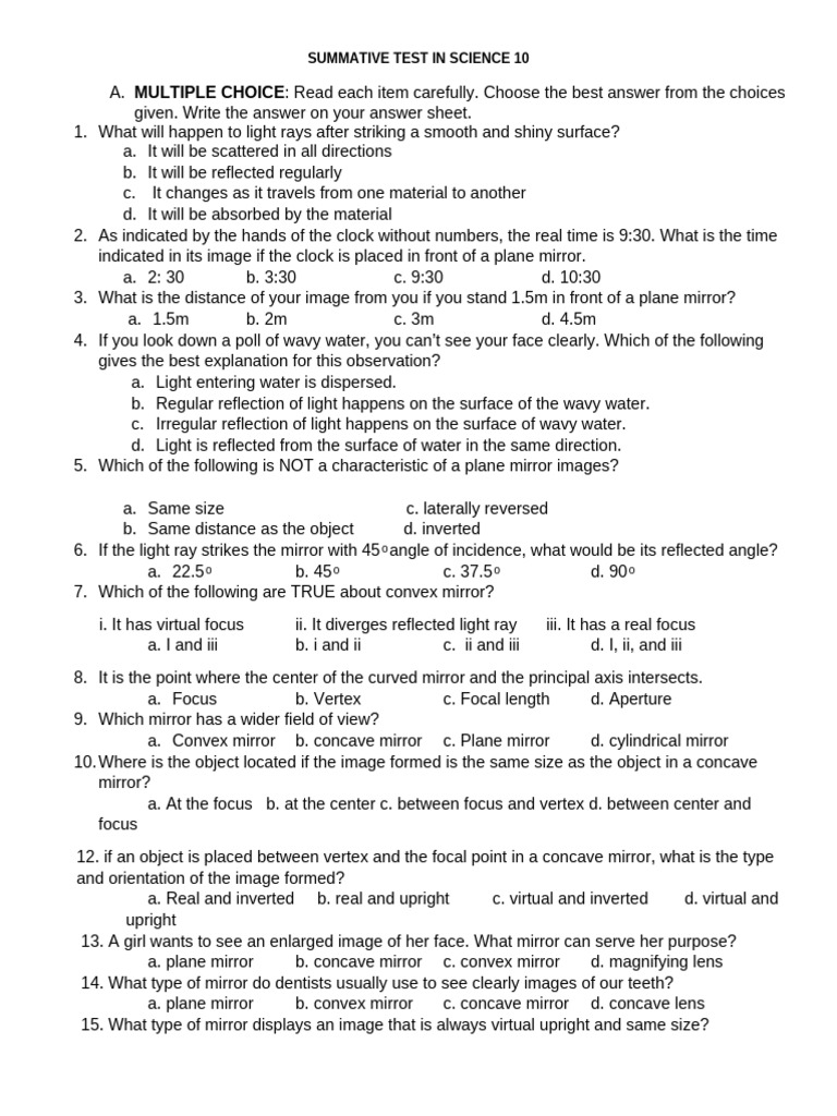 Science 10 Summative Test: Mirrors & Light | PDF | Mirror | Optics