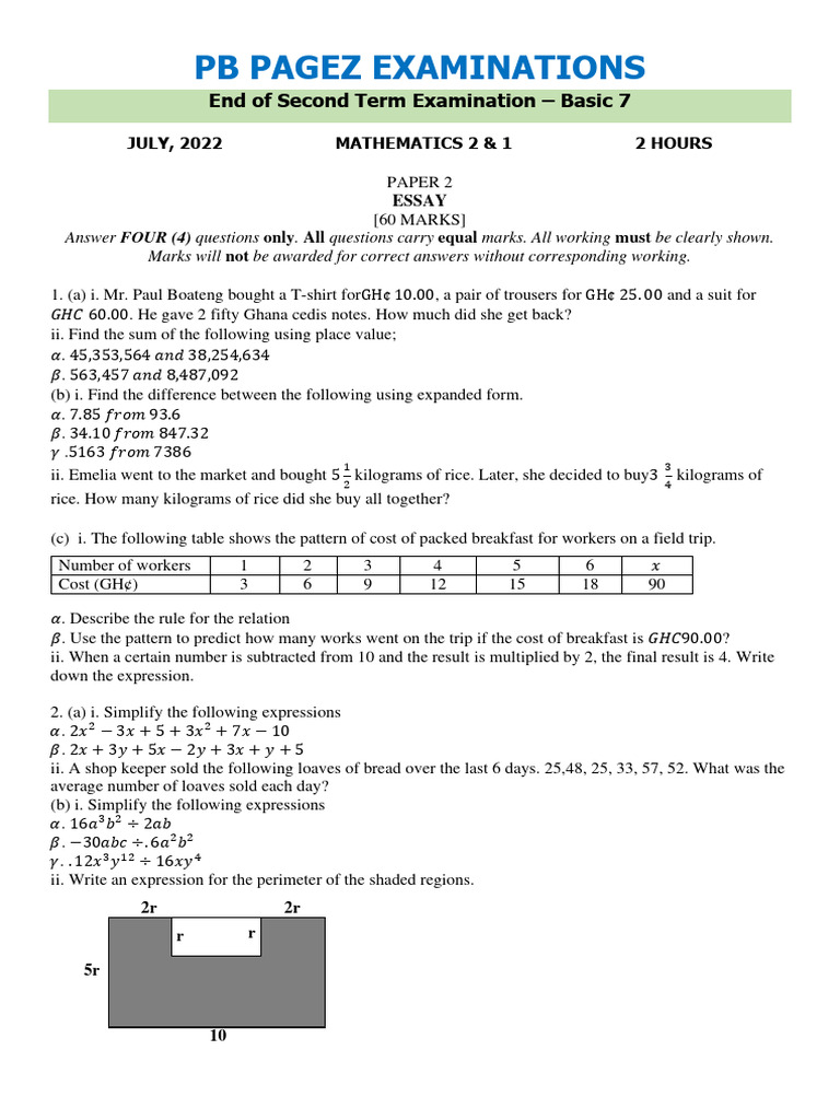 B7 Maths Exam Questions Term 2 | PDF | Mathematics