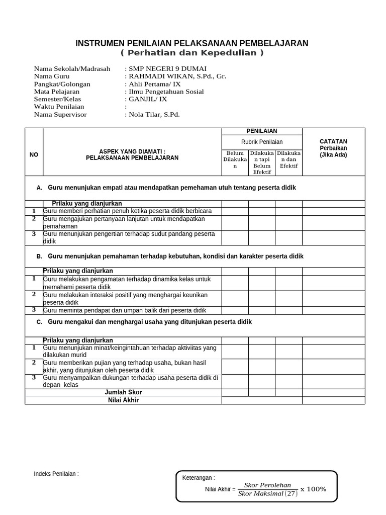 INSTRUMEN SUPERVISI UNTUK PMM - Perhatian dan Kepedulian | PDF