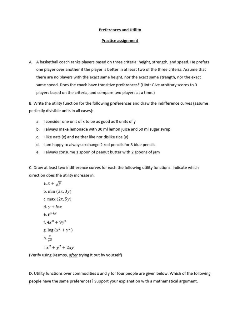 Preferences Utility Problem Set | PDF