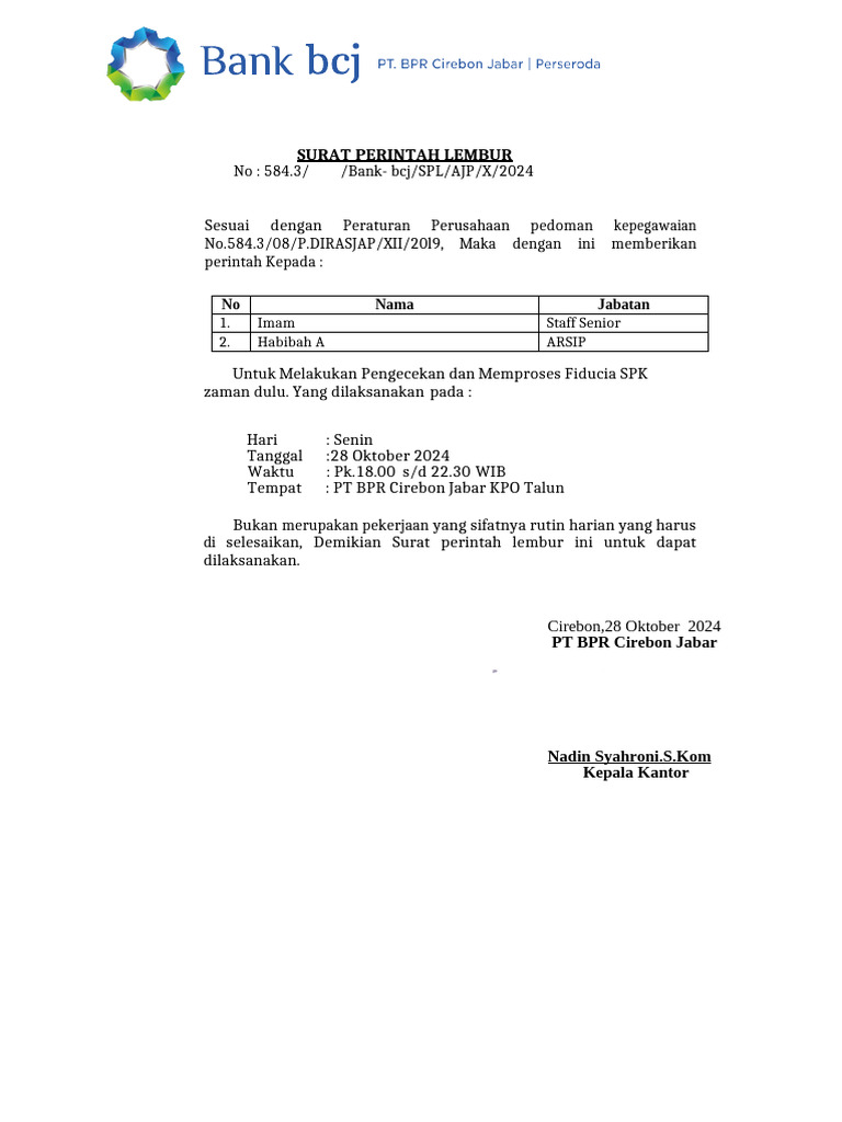Surat Perintah Lembur PT BPR Cirebon | PDF