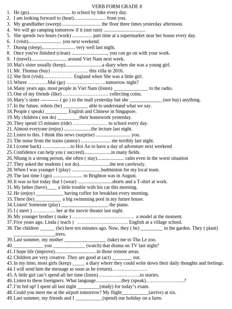 Grade 8 Verb Form Exercises | PDF