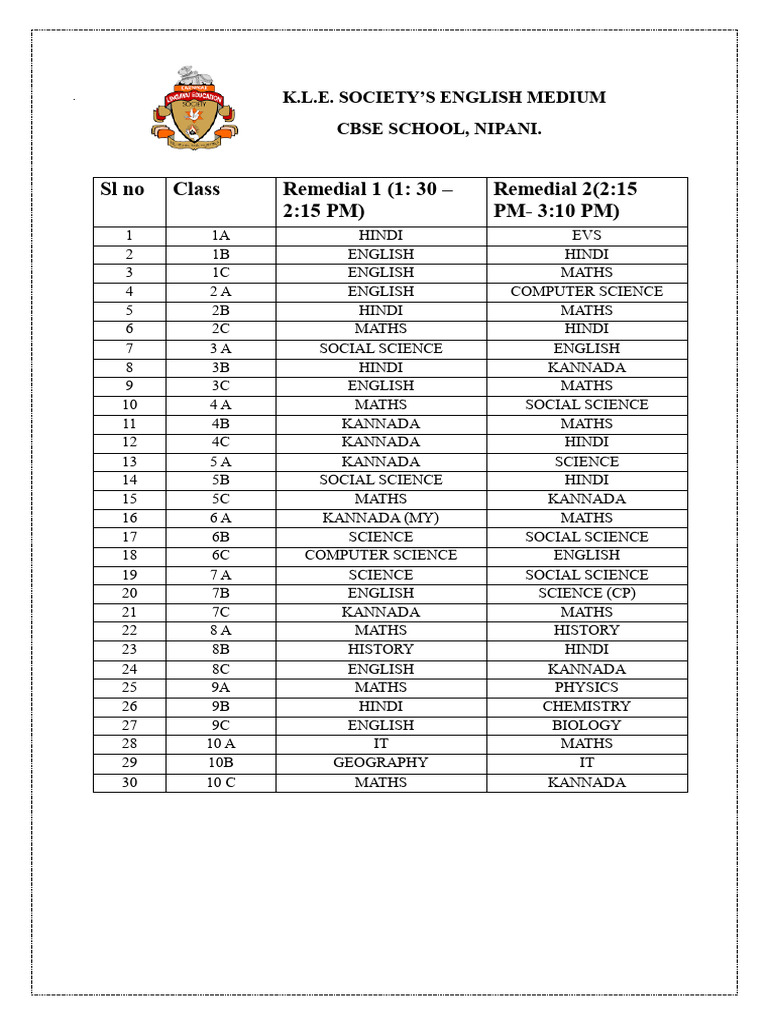 Remedial Time Table For Saturday | PDF