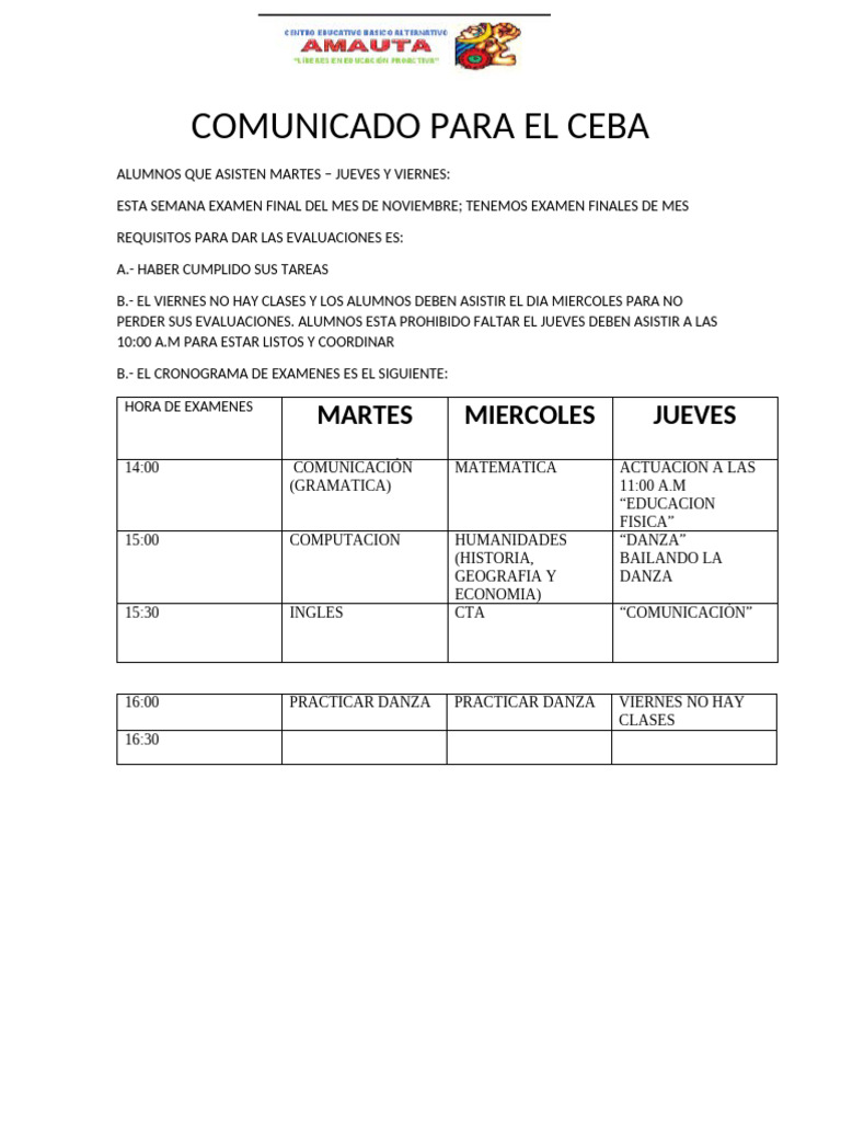 Comunicado para El Ceba de Examenes Nov | PDF