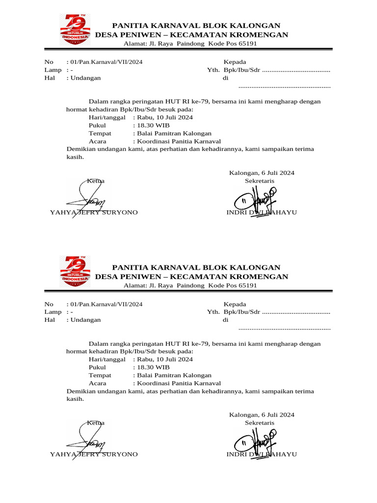 Undangan Rapat Panitia Karnaval 2024 | PDF