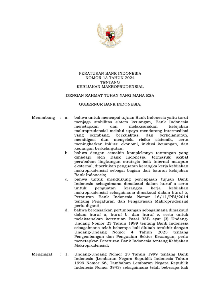 PBI 13 TAHUN 2024 Kebijakan Makroprudensial | PDF
