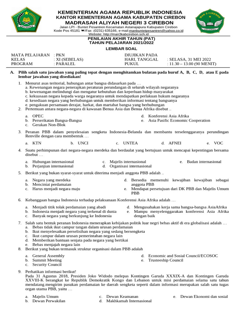 Soal PAT PKN Kelas XI 2021/2022 | PDF