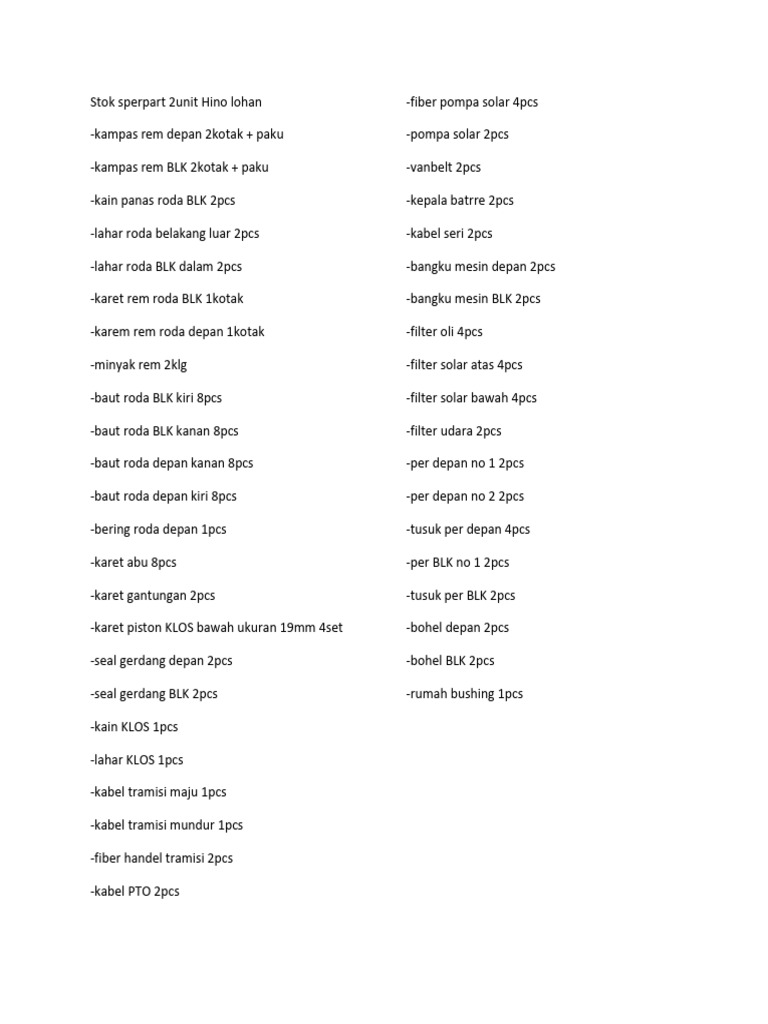 Stok Sperpart 2unit Hino Lohan | PDF