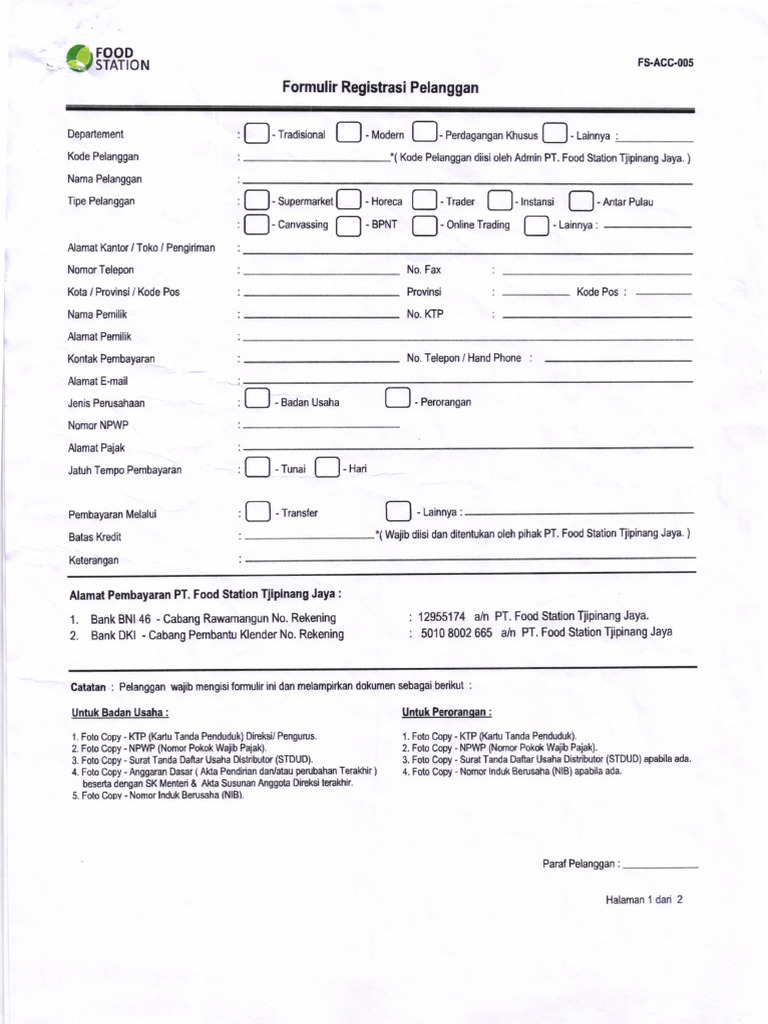 Form Regist Pelanggan Food Station | PDF